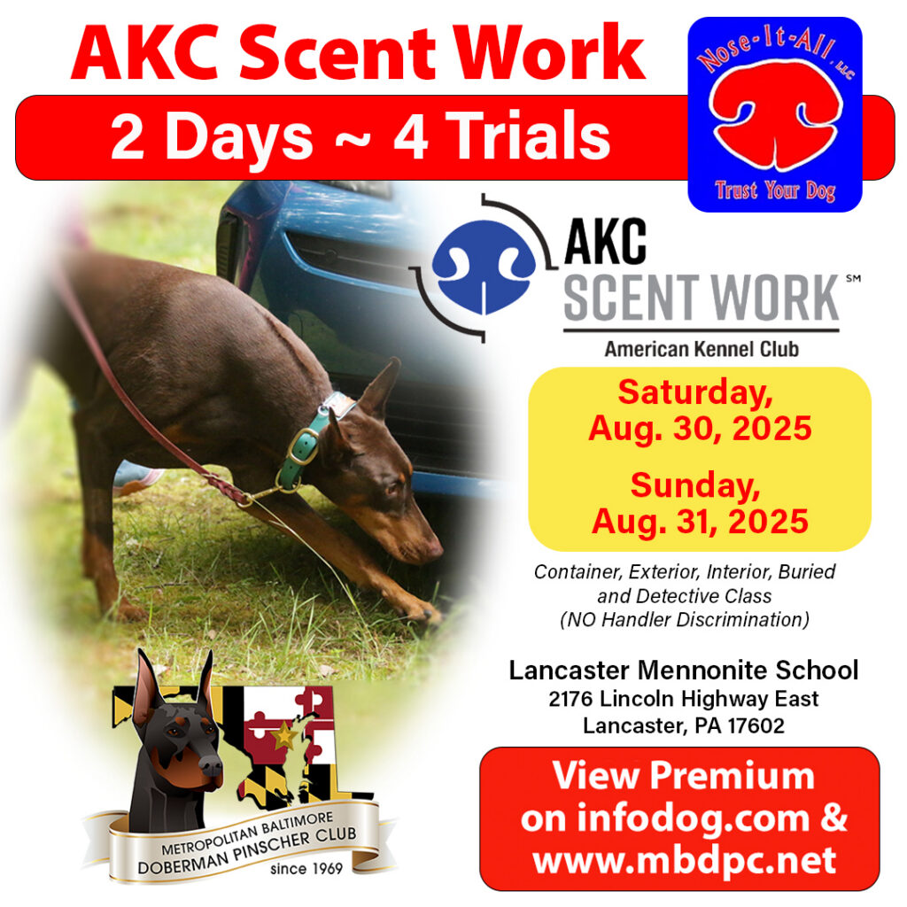 AKC Scent Work ~ August 30-31, 2025 - Metropolitan Baltimore Doberman ...
